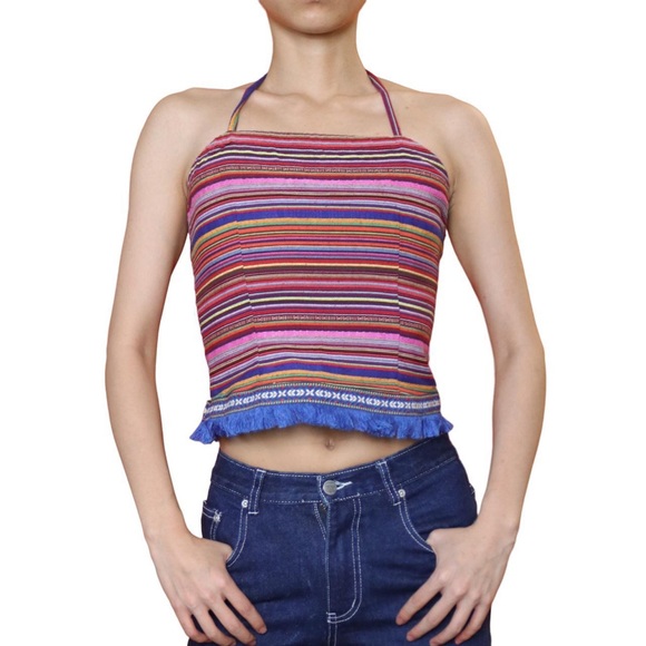 Tops | Vintage Boho Rainbow Striped Halter Top Hippies Summer Woven ...